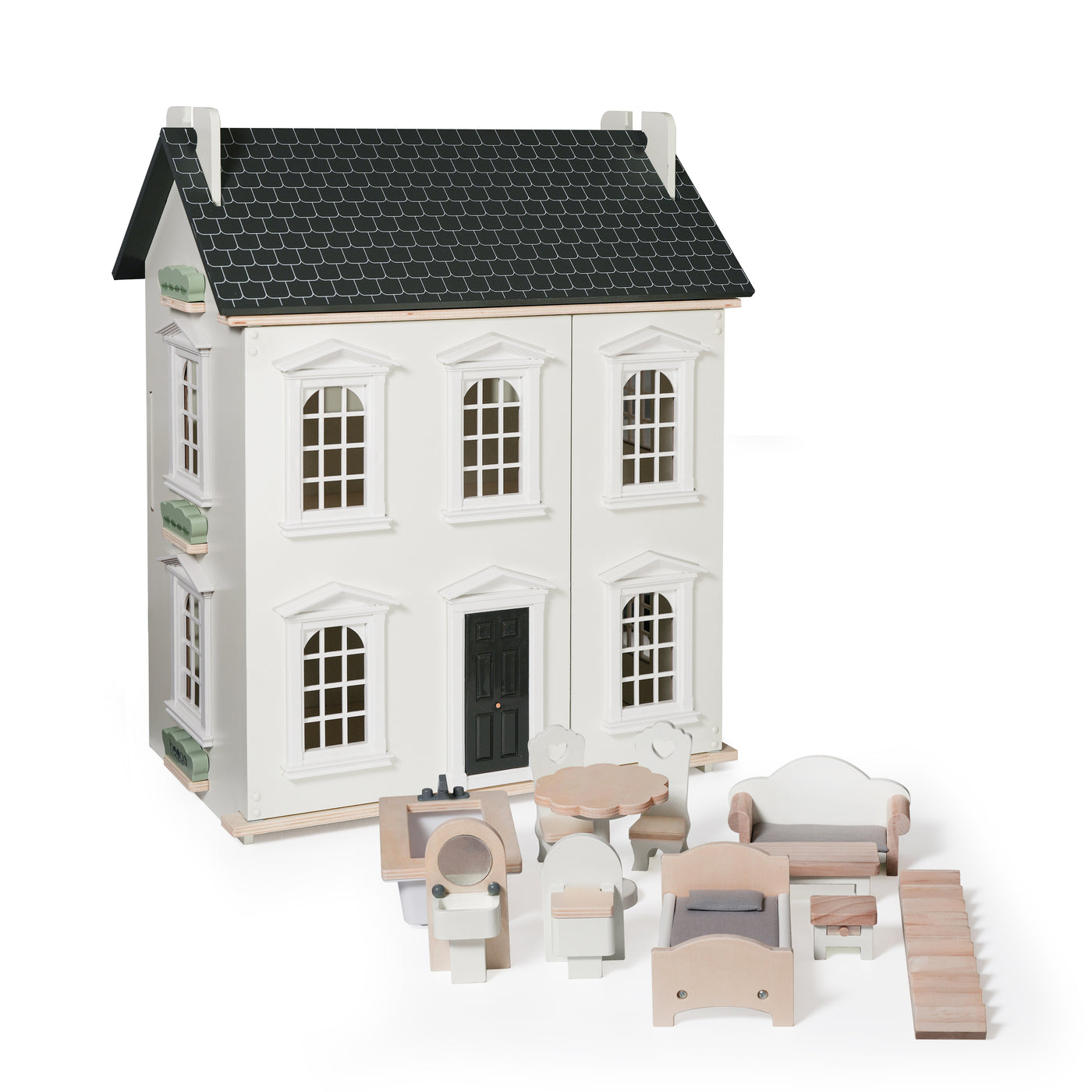 Wooden Dolls House with Furniture Set (11 Pcs.)– Hooga Playroom